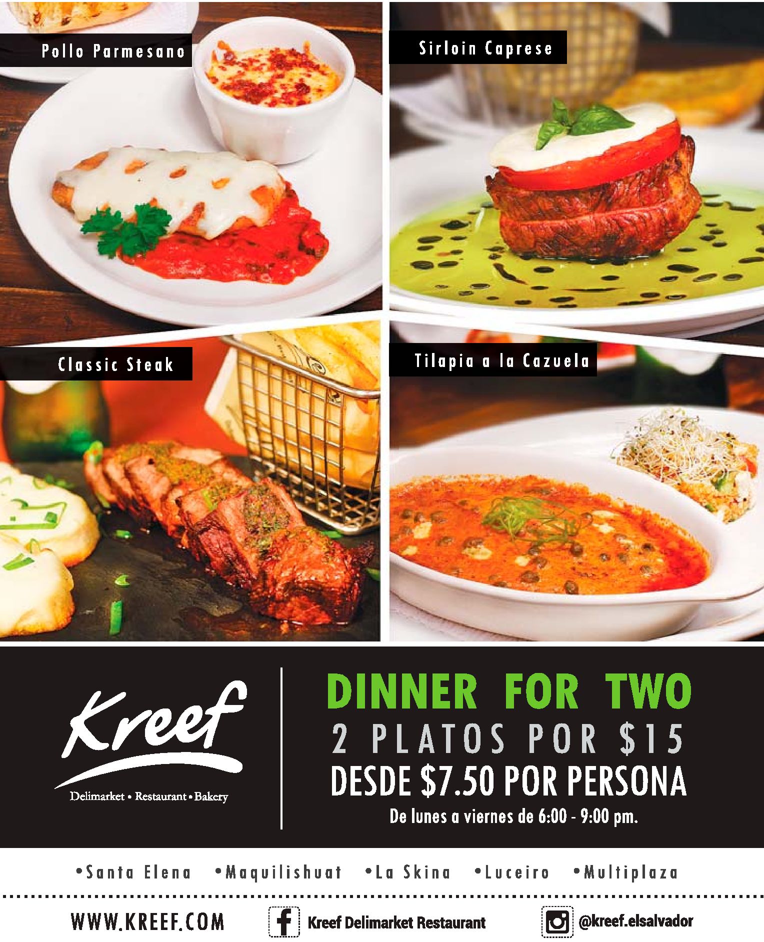 Promociones KREEF sv - DINNER for TWO - (Marzo 2017) - Ofertas Ahora